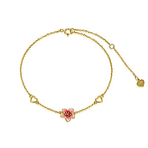 14K Solid Gold Cherry Blossoms Bracelet for Women,Yellow Gold Exquisite Heart Flower Anklet Bracelets,Anniversary Birthday Jewelry Gifts for Wife Mom 6.5''+1''+1''