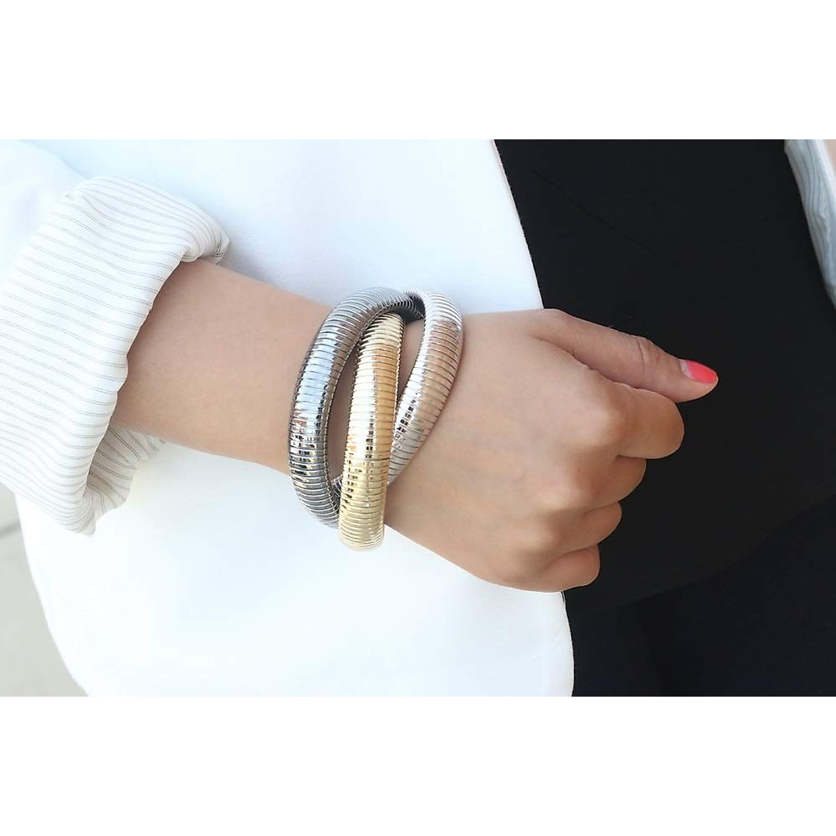 JR JOY & RACHEL 14K Gold Plated, Black and Rhodium High Polished Triple Stretch 6.75" Intertwined Twist Bracelets