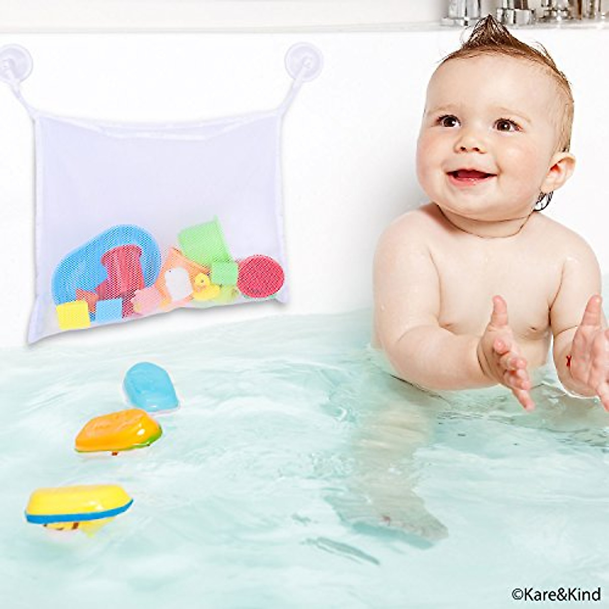 Bath Toy Organizer Set - 2 Extra Large Mesh Bags - 6 Extra Strong Grip Lock Suction Cup Hooks (White) - Easy Storage of Bath Toys and Other Bathroom Items - Mesh Bags Allow Content to Dry