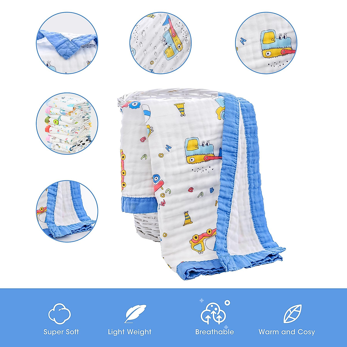 Jay & Ava Baby Muslin Blanket 42” x 42”, Soft Toddler Cotton Baby Blankets for Boy, 4 Layers Bed Muslin Throw for Baby Crib, Large Baby Receiving Blanket - (Blue Star Space)