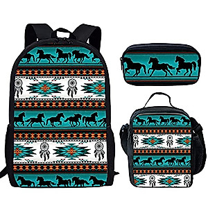 GLENLCWE Tribal Native Horse Green Aztec Print Backpack Kids School Backpack with Lunch Bag and Pencils Box Lightweight