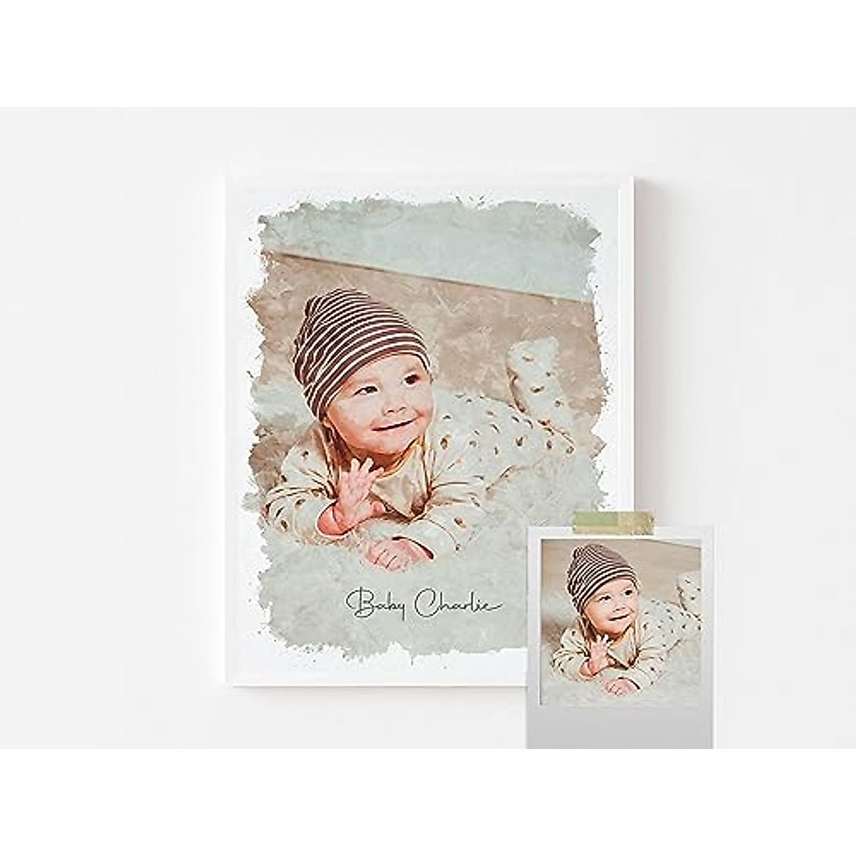 Personalized Baby Watercolor Canvas Painting With Name Printed On Premium Gallery Wall Art - Custom Newborn Portrait From Photo (S - 11x14 Inches)