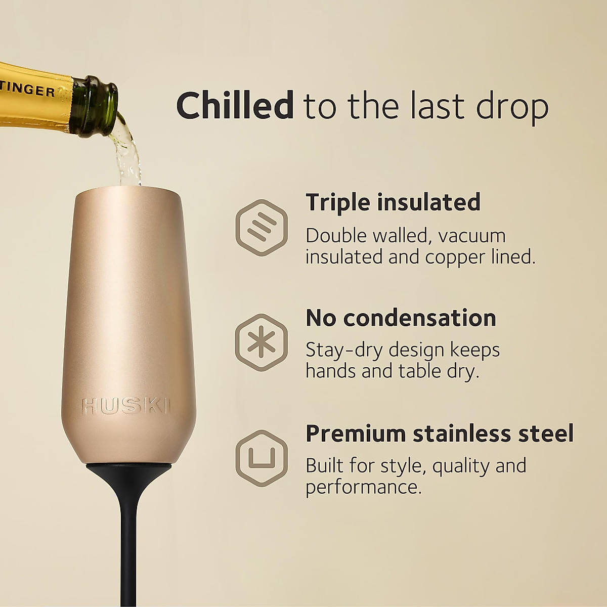 Huski Champagne Flute | NEW | Award-winning Design with Detachable Stem | Premium Stainless Steel Champagne Glass with Lid | Triple Insulated Tumbler | 8oz Capacity | Great Gift (Champagne)
