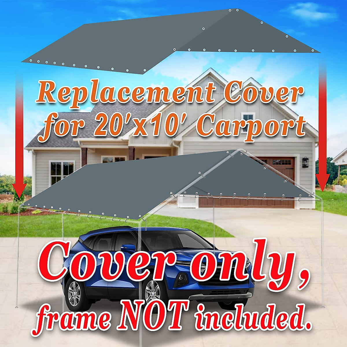 Strong Camel Carport Conopy Cover 10'x20' Replacement for Car Tent Outdoor Top Garage Shelter with Ball Bungees, Grey (Only Cover, Frame Not Included)