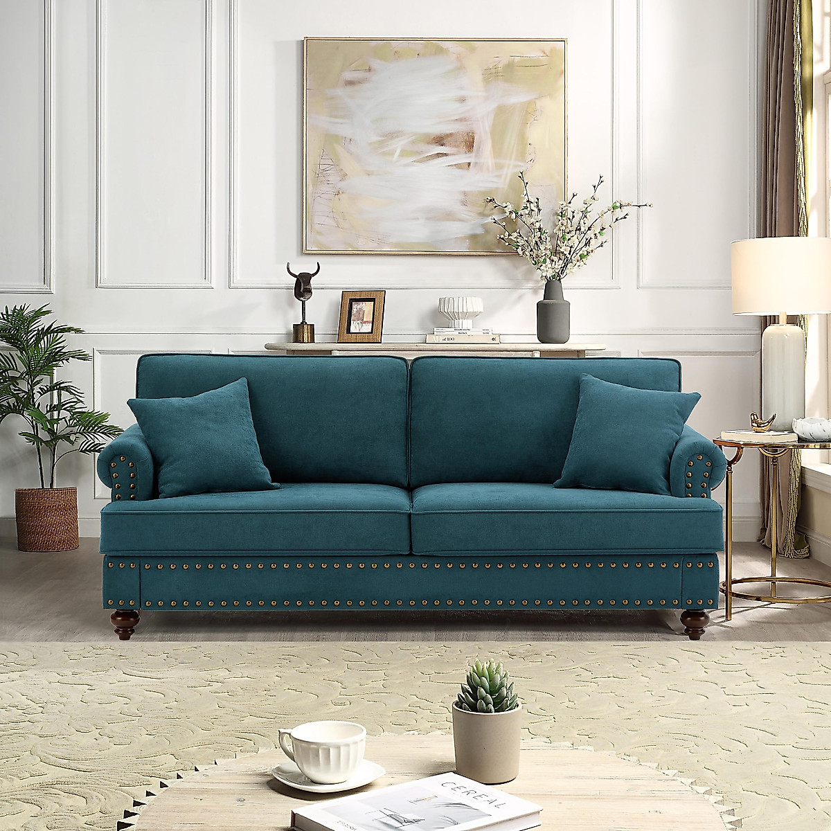 Asucoora Chenille Upholstered Couch, Rolled Arm 3-Seater Sofa Couch with Nailhead Trim and 2 Pillows Rolled Arm Green