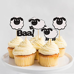 Ercadio 24 Pack Sheep Cupcake toppers Black Glitter Farm Animals Cupcake Picks Sheep Baa Cupcake Decors Sheep Theme Baby Shower Birthday Party Supplies