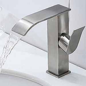 Comllen Brushed Nickel Waterfall Spout Bathroom Faucet, Single Handle Bathroom Sink Faucet Single Hole Bathroom Faucets for Sink 1 Hole Vanity Sink Faucet Rv Lavatory Vessel Faucet