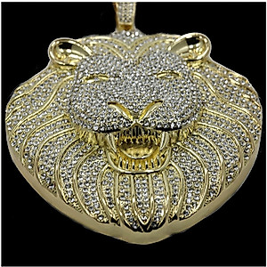 MAXBLING81 FASHION HIP HOP RAPPER STYLE ICED SIMULATED DIAMOND GOLD SILVER PLATED JUMBO LARGE LION HEAD CHARM PENDANT & 14mm 18" 20" 24" ZIG ZAG CUBAN BOX LOCK CHAIN NECKLACE GIFT (24" CHAIN, GOLD)