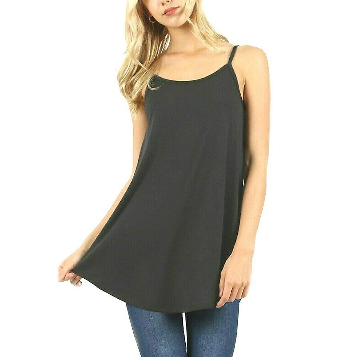 Zenana Regular and Plus Size Front and Back Reversible Spaghetti Strap CAMI (1X, Black)