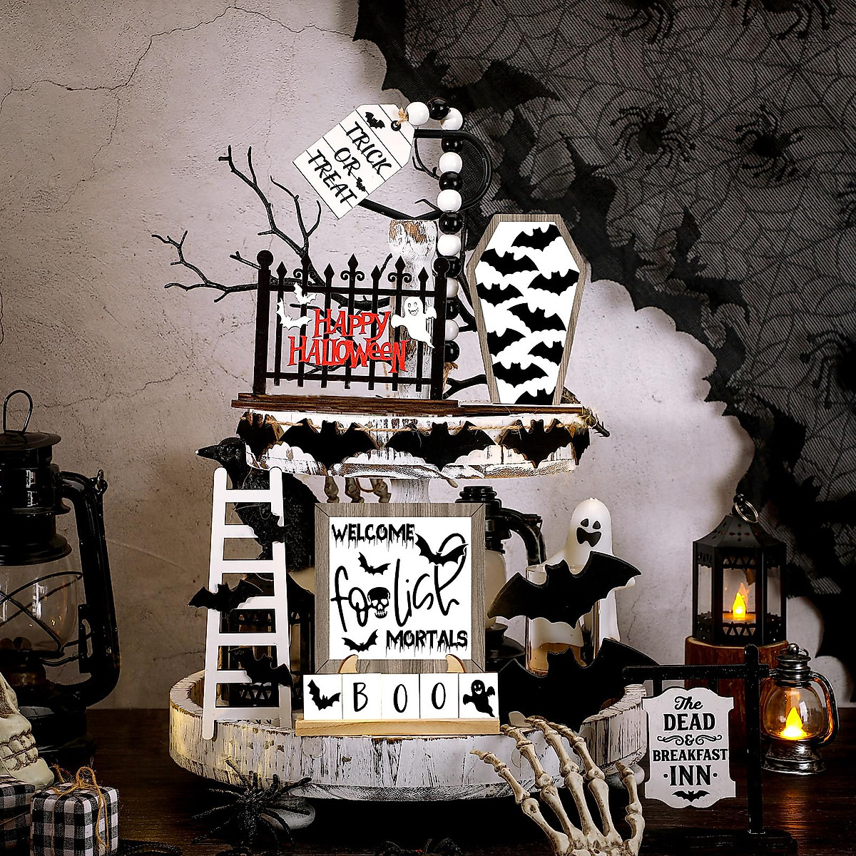 Umigy 15 Pcs Halloween Tiered Tray Decor Set Cute Halloween Bat Wooden Signs Farmhouse Rustic Tiered Tray Decoration Items for Home Table Kitchen Halloween Party Supplies