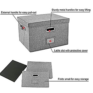 JSungo File Box with 5 Hanging Filing Folders, Document Organizer Storage for Office, Collapsible Linen Storage Box with Lids, Home Portable Storage with Handle, Letter Size Legal Folder, Grey