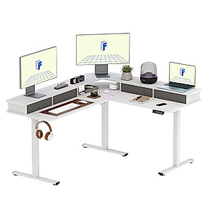 FLEXISPOT L Shaped Standing Desk with Shelf Electric Corner Table, Drawers, Adjustable Computer Workstation for Home, Office,USB Charging Port, 63x55in, White Top + White Frame