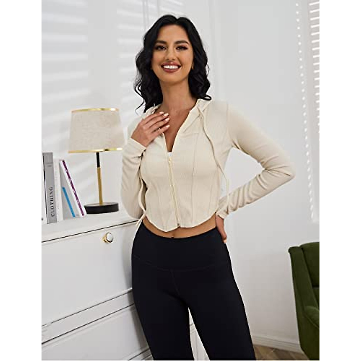 Xishiloft Women's Crop Top Hoodie Jacket Y2k Slim Fit Knitted Long Sleeve Bustier Sweatshirt Cardigans(Off-White,XS)