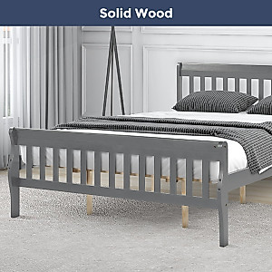 IULULU Queen Bed Frame, Solid Wood Platform Bed Frame with Headboard & Footboard, Queen Size Mattress Foundation with Wooden Slats Support, Easy Assembly, No Box Spring Needed, Light Grey