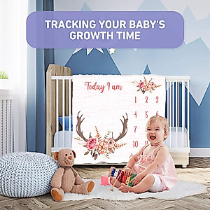 PHMOJEN Baby Monthly Milestone Blanket | Deer Antler Flowers with Words | Pink | Baby Growth Chart Monthly Blanket | Includes Markers 47"x47" BTLSPH68