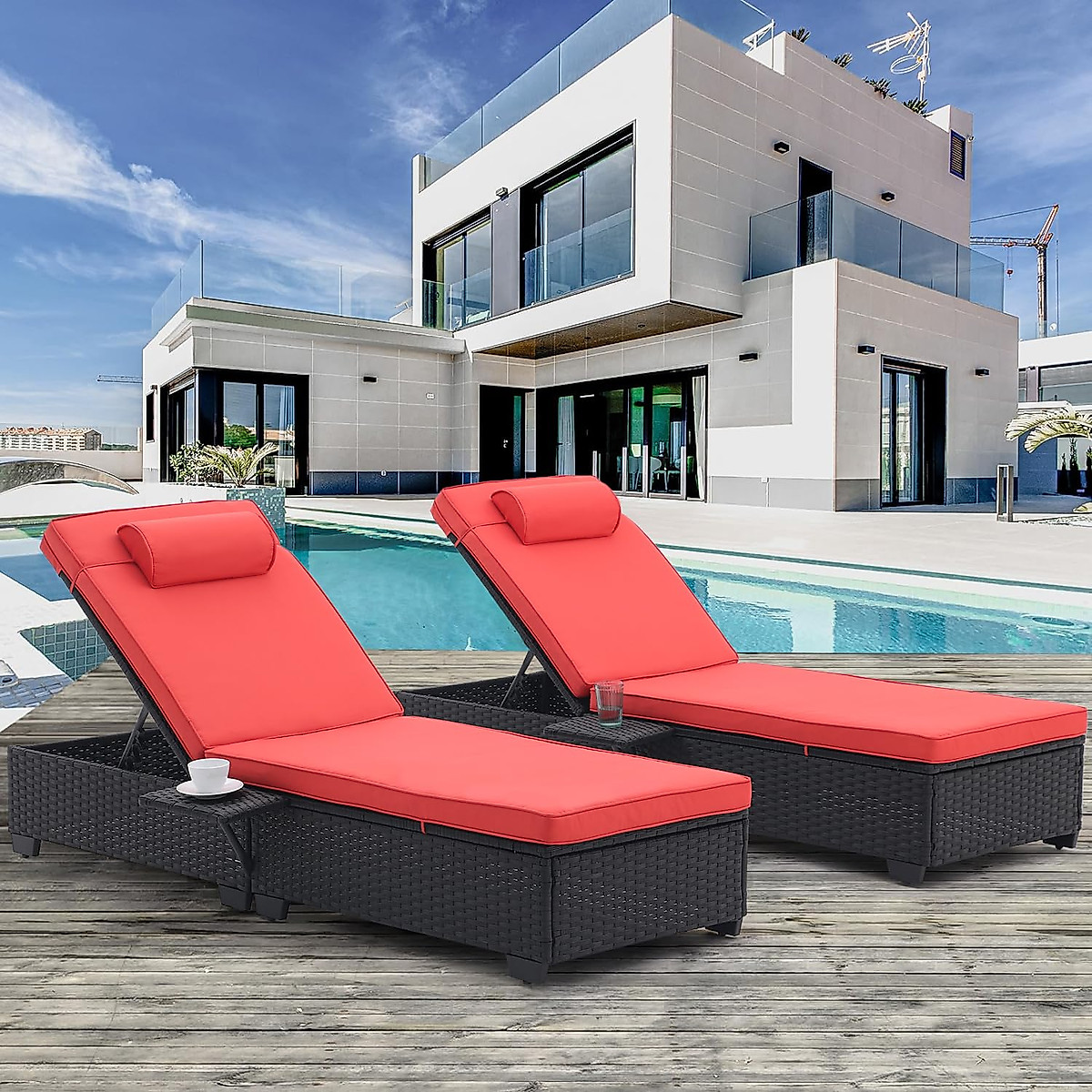 Chaise Lounge Chairs for Outside, 5-Speed Adjustable Patio PE Rattan Lounge Chairs with Cup Holder and Cushions, Outdoor Reclining Chair Set of 2 for Poolside Beach Yard (Orange Red)
