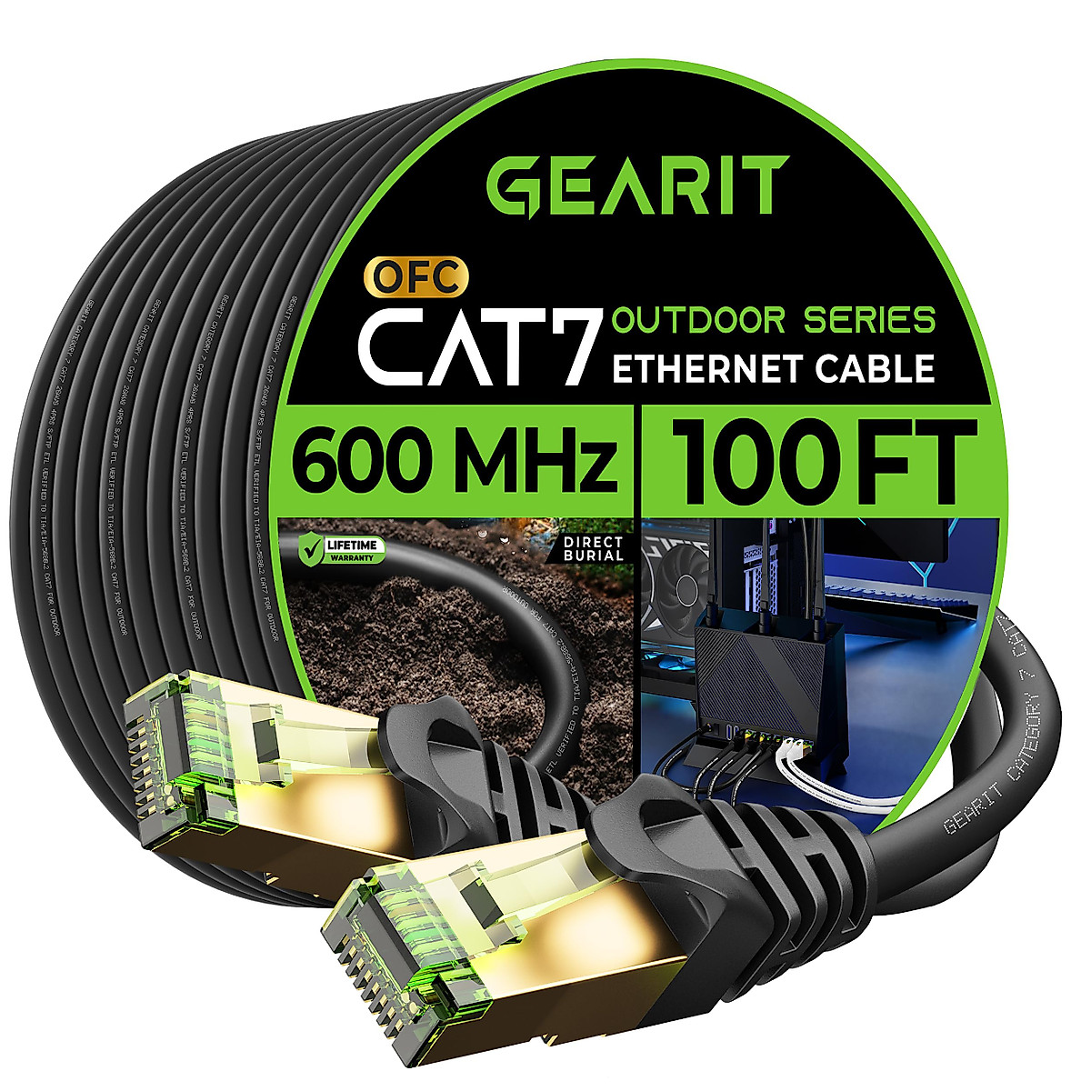 GearIT Cat7 Outdoor Ethernet Cable (100ft) SFTP Shielded Foil Twisted Pair, Pure Copper, LLDPE, Waterproof, Direct Burial, In-Ground, UV Resistant, POE, Network, LAN, Internet, Cat 7-100 Feet