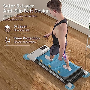 DeerRun Walking Pad Treadmill Under Desk, 2 in 1 Walking Pad Portable Treadmill with 265lbs Capacity, Under Desk Treadmill for Home/Office in LED with Wheels