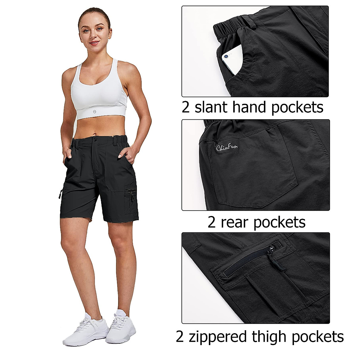 ChinFun Women's Stretch Cargo Shorts Lightweight Hiking Shorts Quick Dry Golf Shorts Water Resistant with 6 Pockets Black M