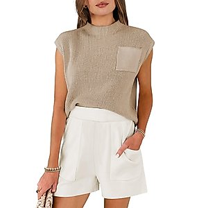 Caracilia 2 Piece Shorts Set for Women Sweater Fashion Outfits 2023 Knit Tank Tops and Casual Matching Summer Classy Loungewear Clothes Tracksuit Sweatsuits C112A2qiankaqi-XL Khaki White, X-Large
