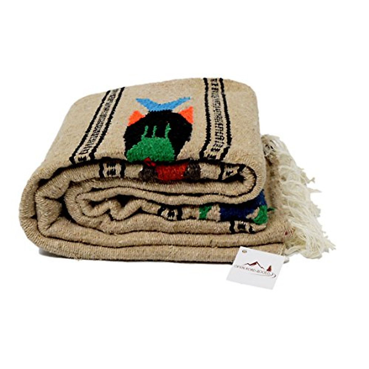 Open Road Goods Thick Tan/Khaki/Brown Mexican Yoga Blanket - Serape Fish Design - Handmade