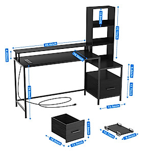 RUPOLX Black Desk with File Drawers, Computer Desk with Power Outlet and Monitor Shelf, Home Office Desk with Storage Shelves, Gaming Desk with Led Lights