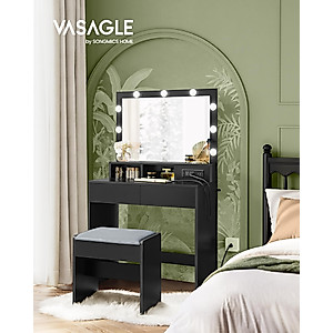 VASAGLE Vanity Desk with Power Outlets, Makeup Vanity with Mirror and Lights, with Upholstered Vanity Stool, 9 Dimmable LED Lights, 2 Compartments, 2 Drawers, for Bedroom, Ink Black URDT029B01
