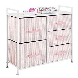 mDesign 30.03" High Steel Frame/Wood Top Storage Dresser Furniture Unit with 5 Removable Fabric Drawers - Tall Bureau Organizer for Bedroom, Living Room, Closet - Spira Collection - Pink/White