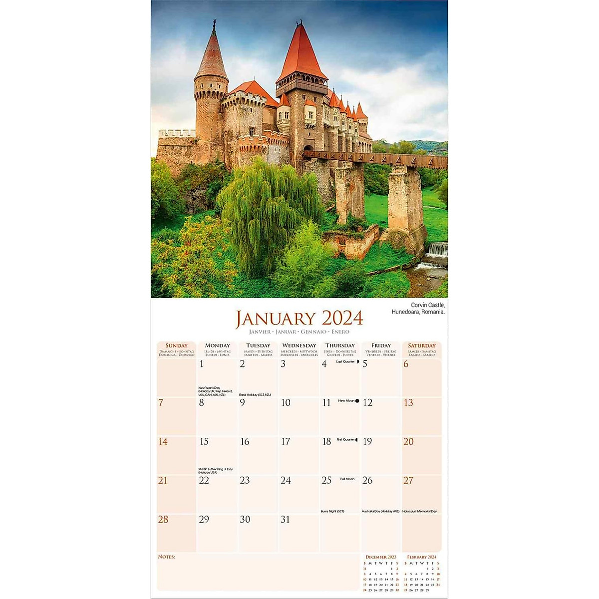 2023 2024 Castles Monthly Wall Calendar - Travel Calendar - 12 x 24 Open - Thick No-Bleed Paper - Giftable - Academic Teacher's Planner Calendar Organizing & Planning Calendar