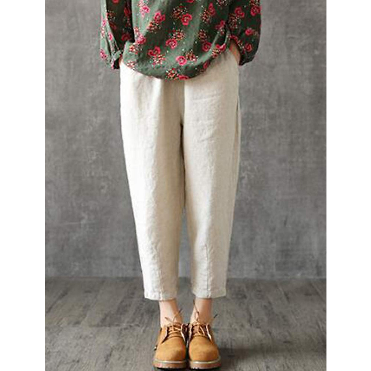 LaovanIn Women's Linen Cropped Pants Tapered Ankle Capris Trousers Elastic Waist X-Large Beige