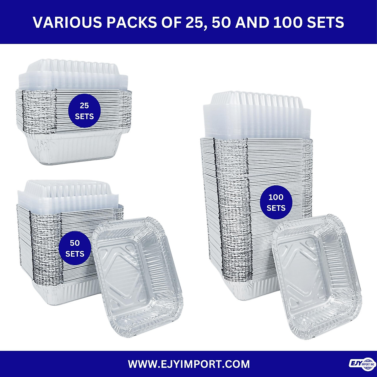 EJY IMPORT Disposable Takeout Pans with Clear Dome Lids | 1lb Capacity Aluminum Pans | Food Containers with Strong Seal for Spill Resistance & Freshness | Recyclable & Eco-Friendly | (25 SETS, 1LB)