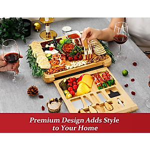 Easoger Cheese Board, Large Charcuterie Board Set, Bamboo Serving Platter, 4 Serving Knives and Utensils - House Warming Gifts, Wedding Gifts for Couples, Birthday Gift for Women or Men