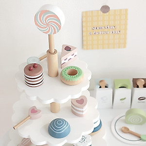 nunukids Wooden tea party set for little girls fake food for kids kitchen 22pcs cake shop toy