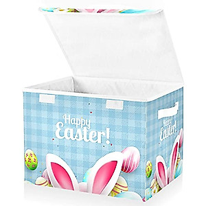 Kigai Happy Easter Storage Bins Foldable Large Cube Storage Box with Lids and Handles for Home Organizer Closet Office Decor 16.5x12.6x11.8 In