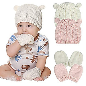 Newborn Winter Beanie Hat Gloves Set for Baby Girls Boys, Infant Toddler Warm Knitted Hat Gloves, Unisex-Baby Beanies (0-1 Months, Pink & White)