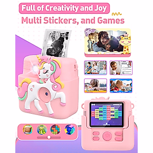 Kids Camera Instant Print with Silicone Cover, Creative Gifts for Girls Age 4-12 Birthday Christmas, 1080P Digital Camera Toy with 32GB SD Card - Pink