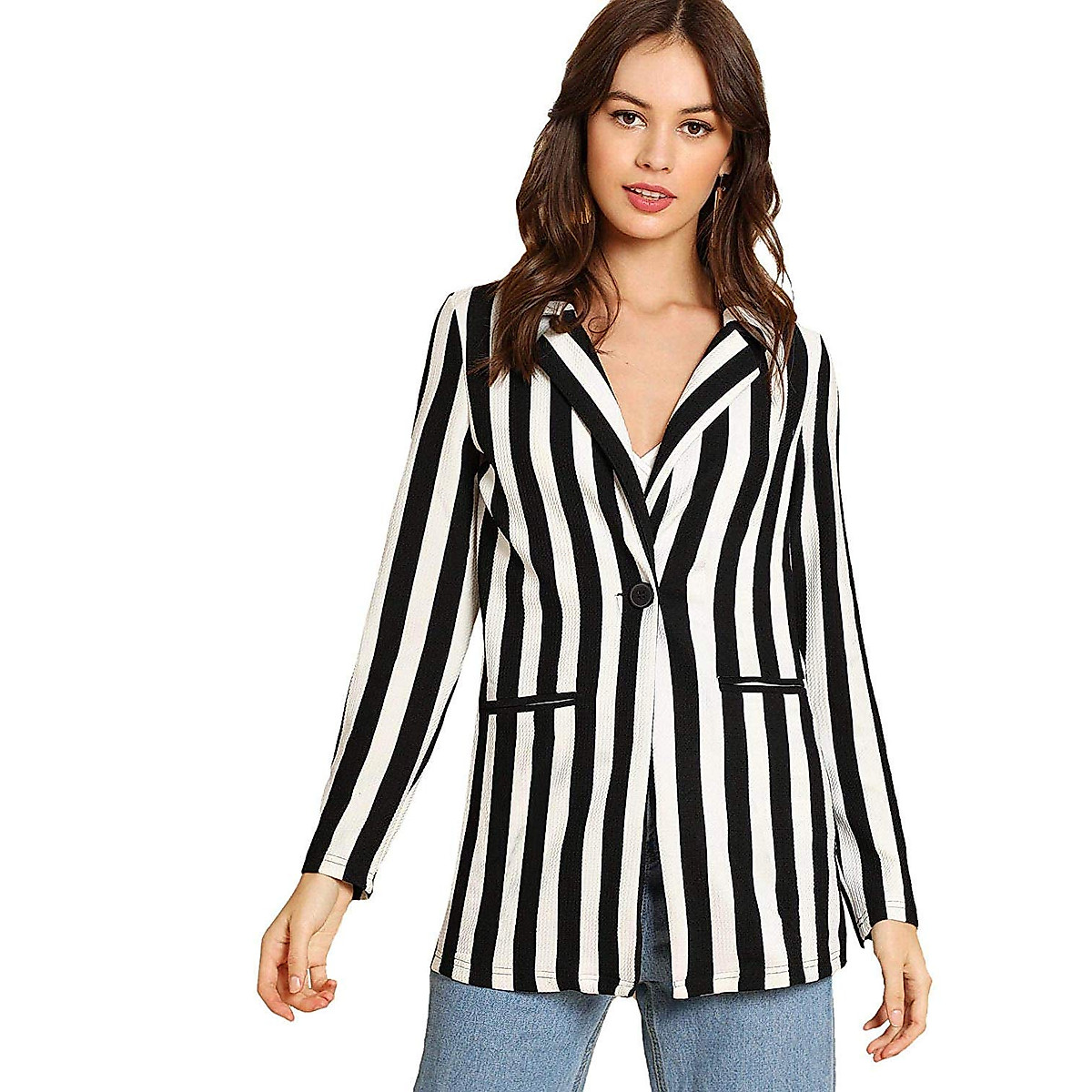 Floerns Women's Casual Work Office Open Front Striped Blazer Black White XL