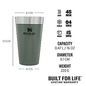 STANLEY Adventure Stacking Beer Pint 0.47L - Travel Mug Keeps Beer Cold For 4 Hours - Stainless Steel Beer Mug - Stacks Infinitely - Double Wall Vacuum Insulation - Dishwasher Safe - Hammertone Green