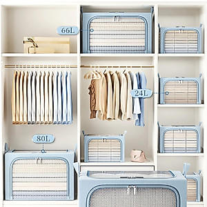 AARAINBOW Closet Clothes Organizer 4 Pcs, Stackable Storage Bins with Clear Window & Handles Steel Frame Storage Boxes with Lids Foldable Storage Container for Clothes Toys, 24L (2 Gray 2 blue)