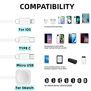 4 in 1 Watch Charger Multi USB Magnetic Charging Cable Portable Wireless Charger Cord Compatible with Apple Watch Series Se 6 5 4 3 2 1, iPhone, Galaxy, Pixel, Android, Watch, Pods (1.2M/4ft)…