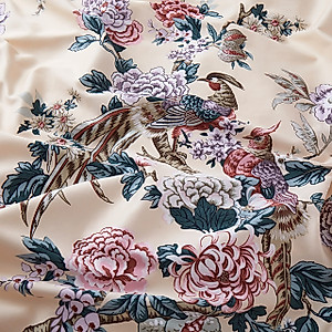 Chinoiserie Chic Peacock Floral Duvet Cover Paradise Botanical Garden Grouse Pheasant Bird and Tree Blossom Branches Vintage Long Staple Cotton Satin Bedding Set (Pastel, King)