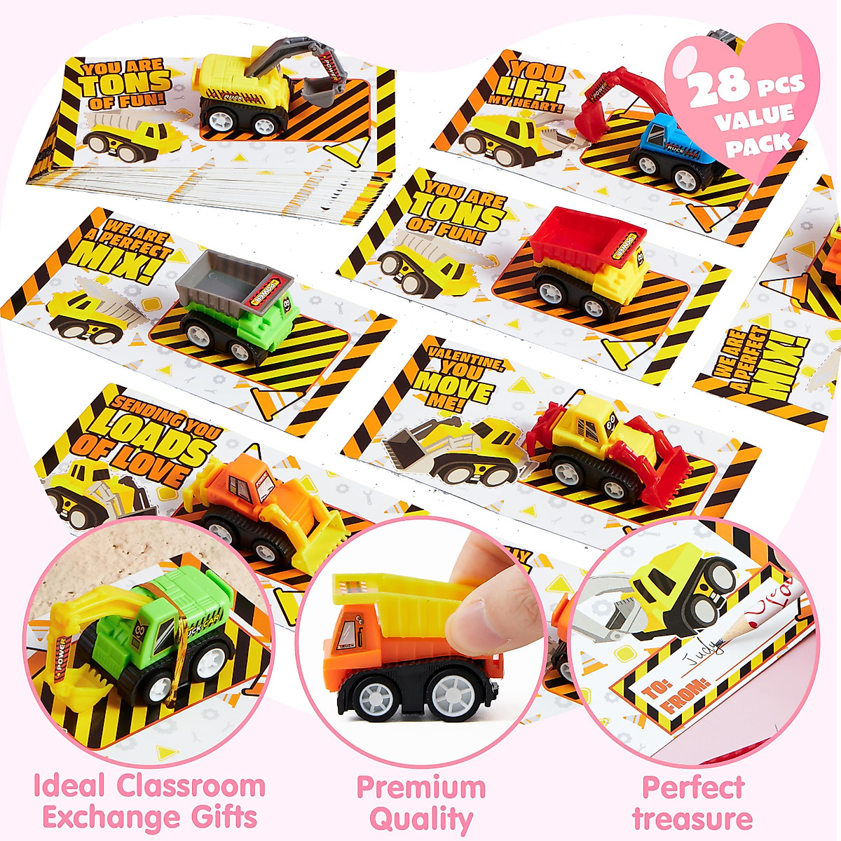 JOYIN 28 Valentines Day Construction Vehicle Greeting Cards for Kids Valentine's Day Classroom Exchange Prizes, Construction Truck Party Favor Gifts