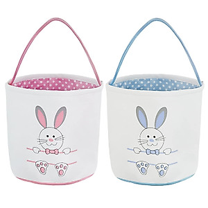 Easter Bunny Basket Egg Bags for Kids Canvas Tote Bags Buckets for Easter Eggs Personalized Candy Egg Basket with Rabbit Print Easter Tote Bag Party Candy Storage Decoration（2pcs）