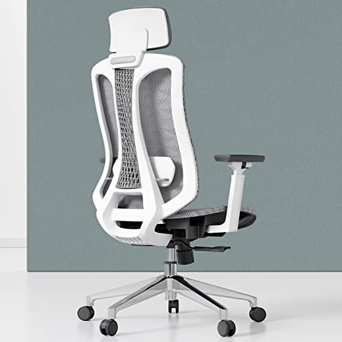 Logicfox Ergonomic Mesh Office Chair, Computer Desk Chair with 3D Armrests, Adjustable Lumbar Cushion & Adjustable Headrest, White High Back Home Desk Chair with Tilt Function, Mesh Backrest & Seat