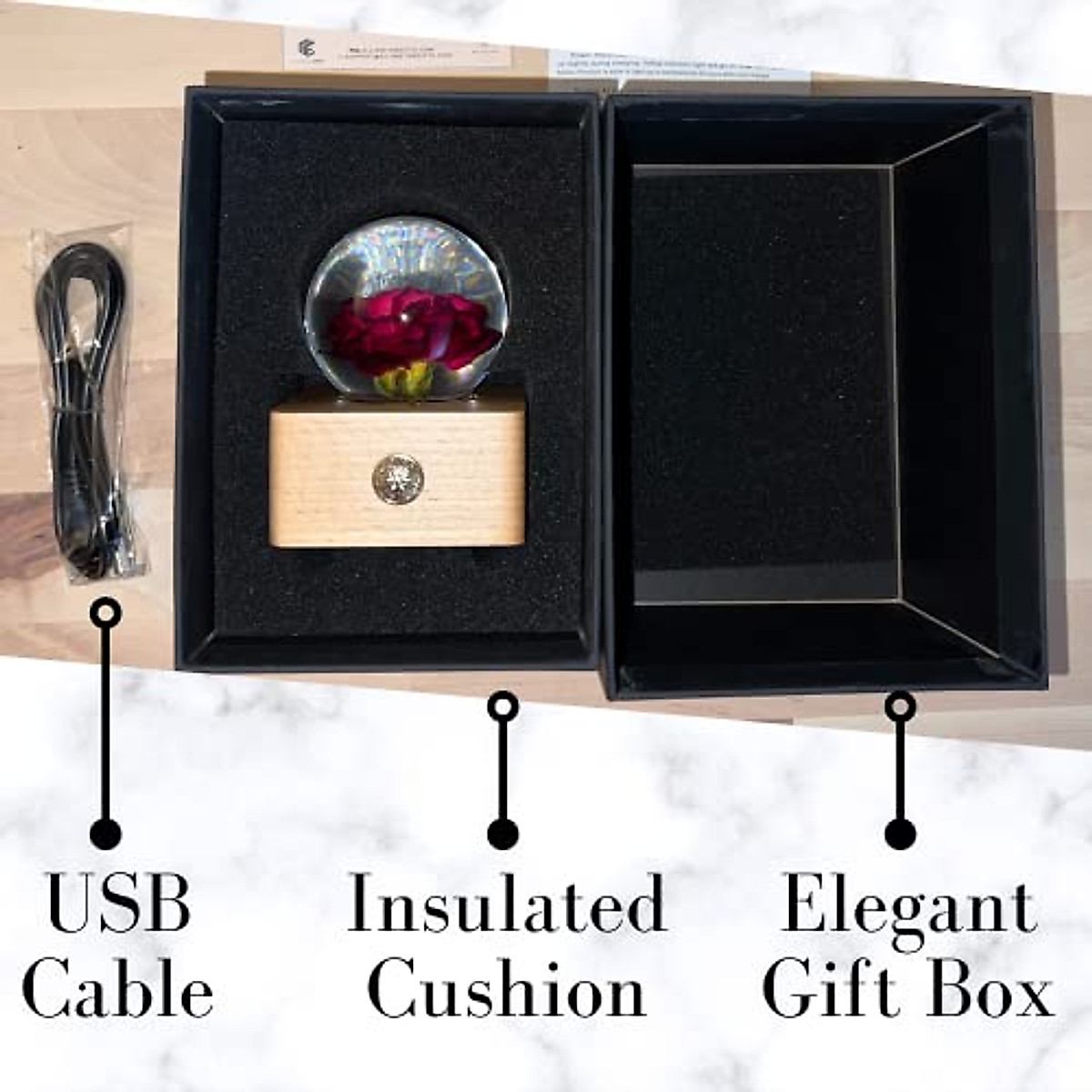 Ellington Gifts Real Preserved Flower Glass Ball Night Light | Dimmable Battery LED, Real Eternal Flowers, Birthday Gifts for Women Mom Girlfriend, Special Anniversary, Valentine's Day (Red Rose)