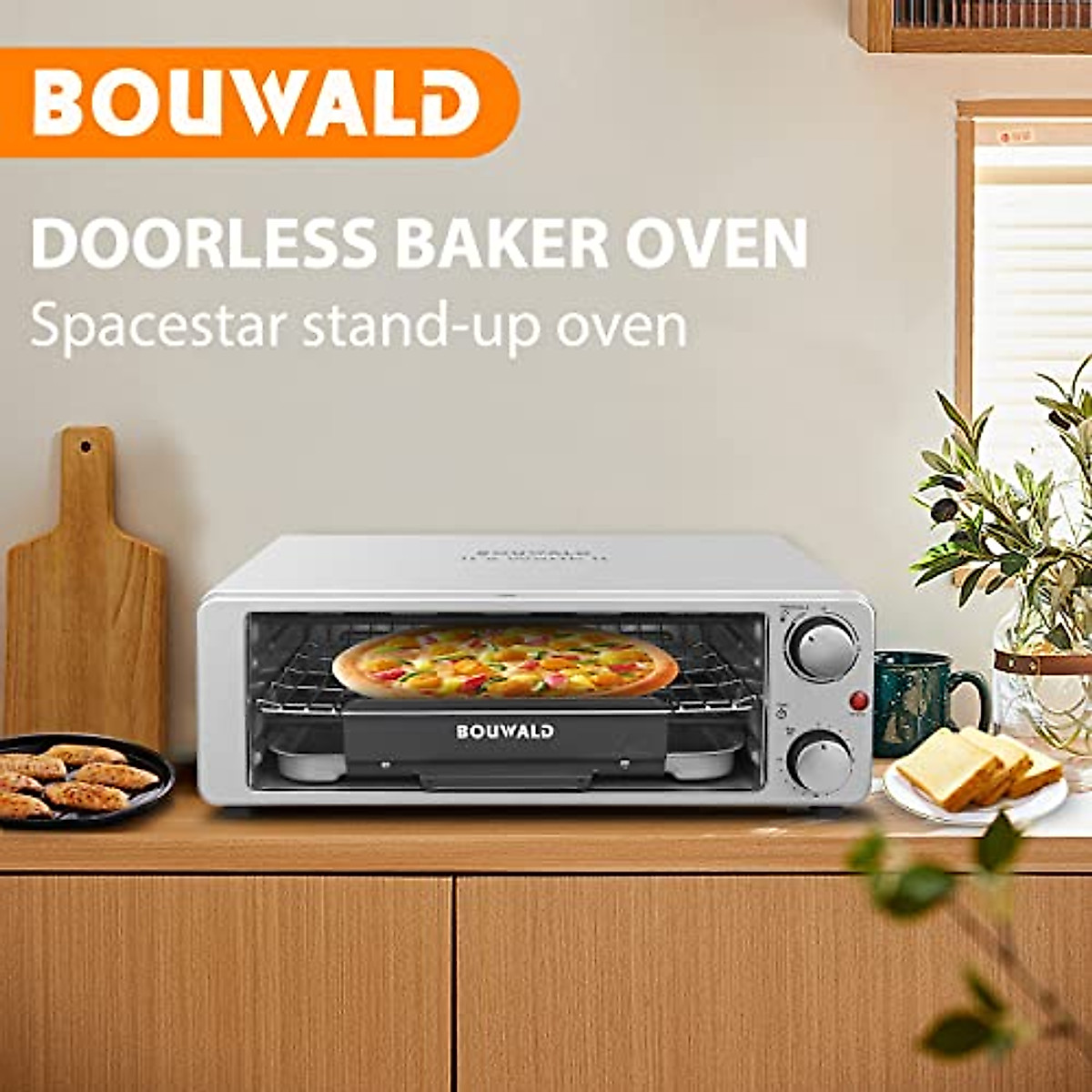 2-in-1 Baker Countertop Doorless Pizza Oven Toaster Combo Stand-up Oven Spacestar Multi Functions Fits 10” pizza, 4 Slices of Bread, 1200W,12L, Stainless Steel