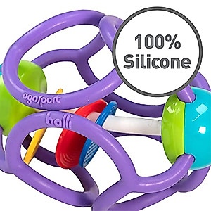 OgoBolli Rattle & Teether Toy for Babies - Tactile Sensory Ball - Stretchy, Soft Non-Toxic Silicone - Ages 6 Months and up - Purple