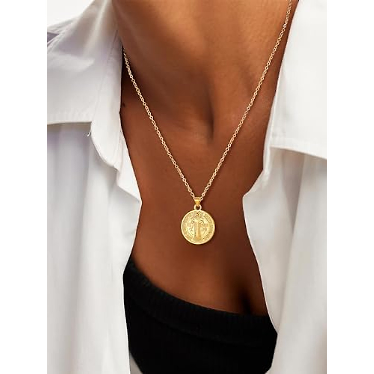 U7 Women Men 18K Gold Plated 925 Sterling Silver 1.5mm Dainty Chain & Coin Saint Benedict Pendant Necklace