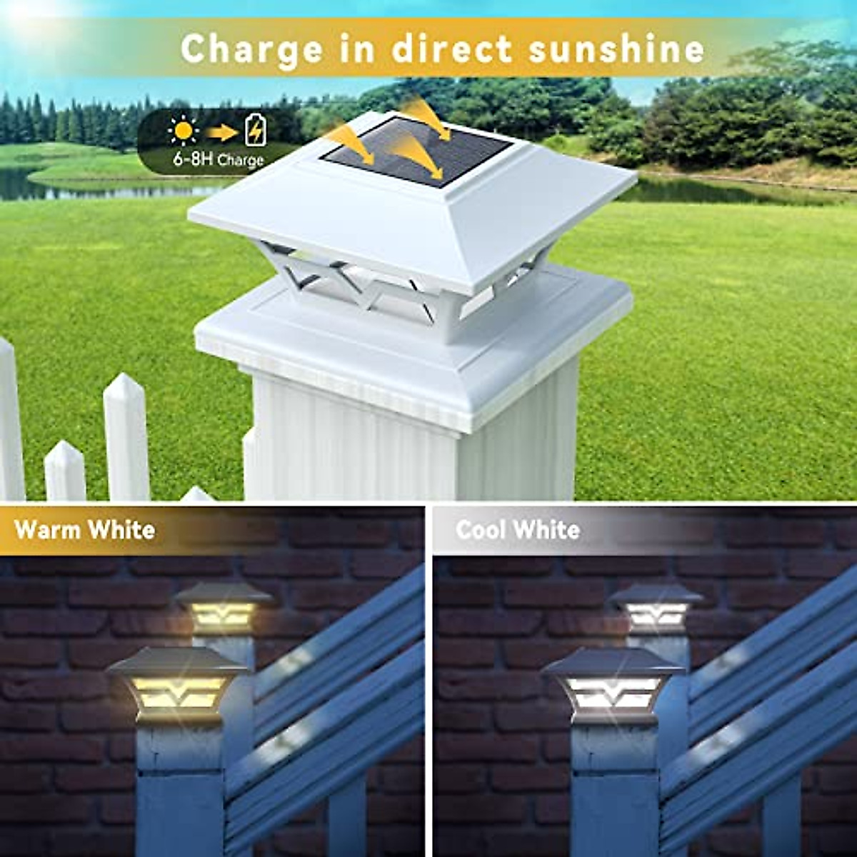 APONUO 4x4 Post Solar Lights 17 Lumens 1000mAh,Solar Post Cap Lights 2 Color Modes Fence Post Lights Solar Powered,Solar Post Lights Outdoor Waterproof for 4x4,6x6 Post Caps Wood,White,4 Pack
