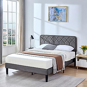 VECELO Queen Size Bed Frame Premium Upholstered Platform with Height Adjustable Headboard/Mattress Foundation Solid Wooden Slat Support, No Box Spring Needed/Easy Assembly, Dark Grey